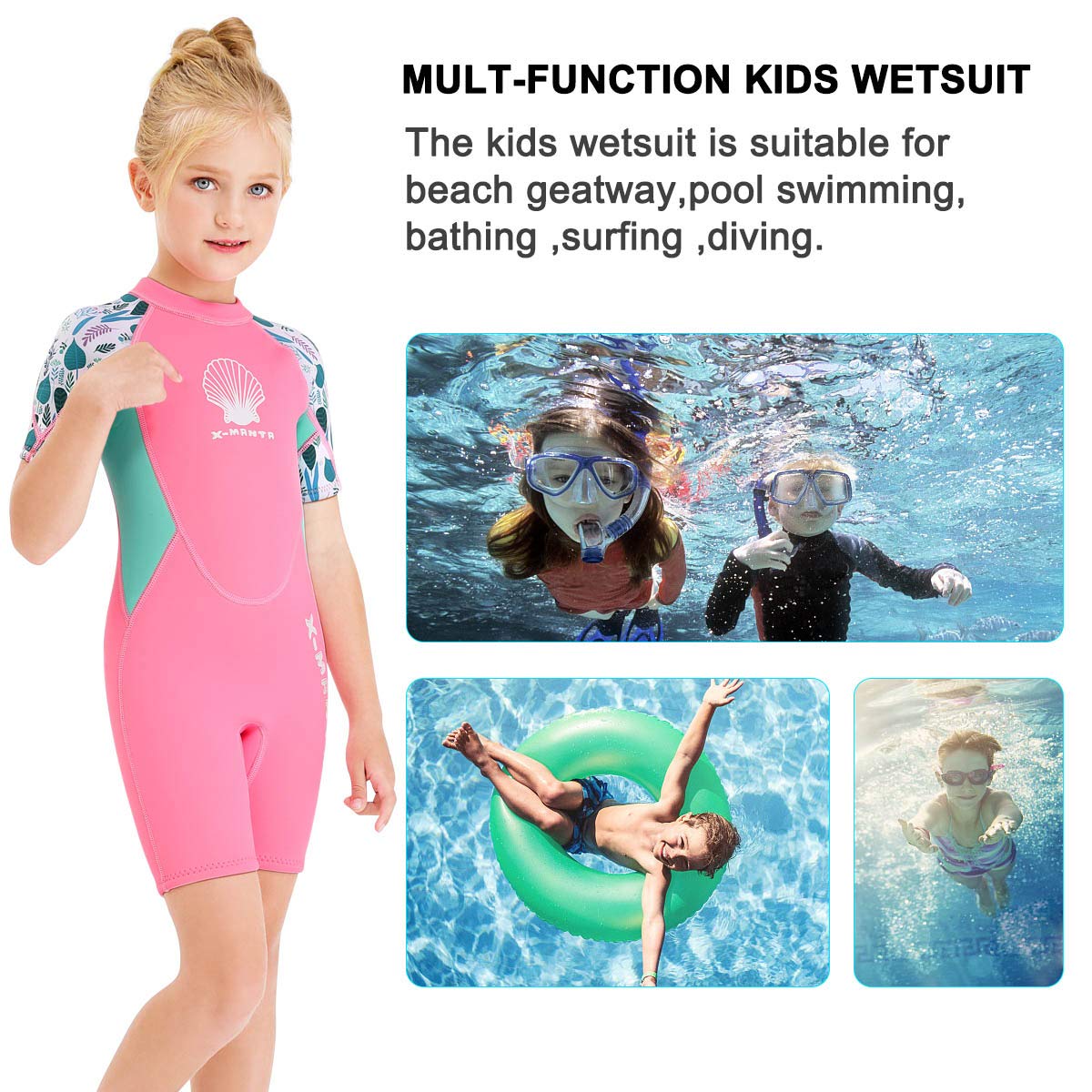 Kids Wetsuit Full Suits Shorty Suits Girls 2.5mm Neoprene Swimsuit UV Protection Keep Warm Short Sleeve Wetsuits for Swimming Diving Scuba XL Size