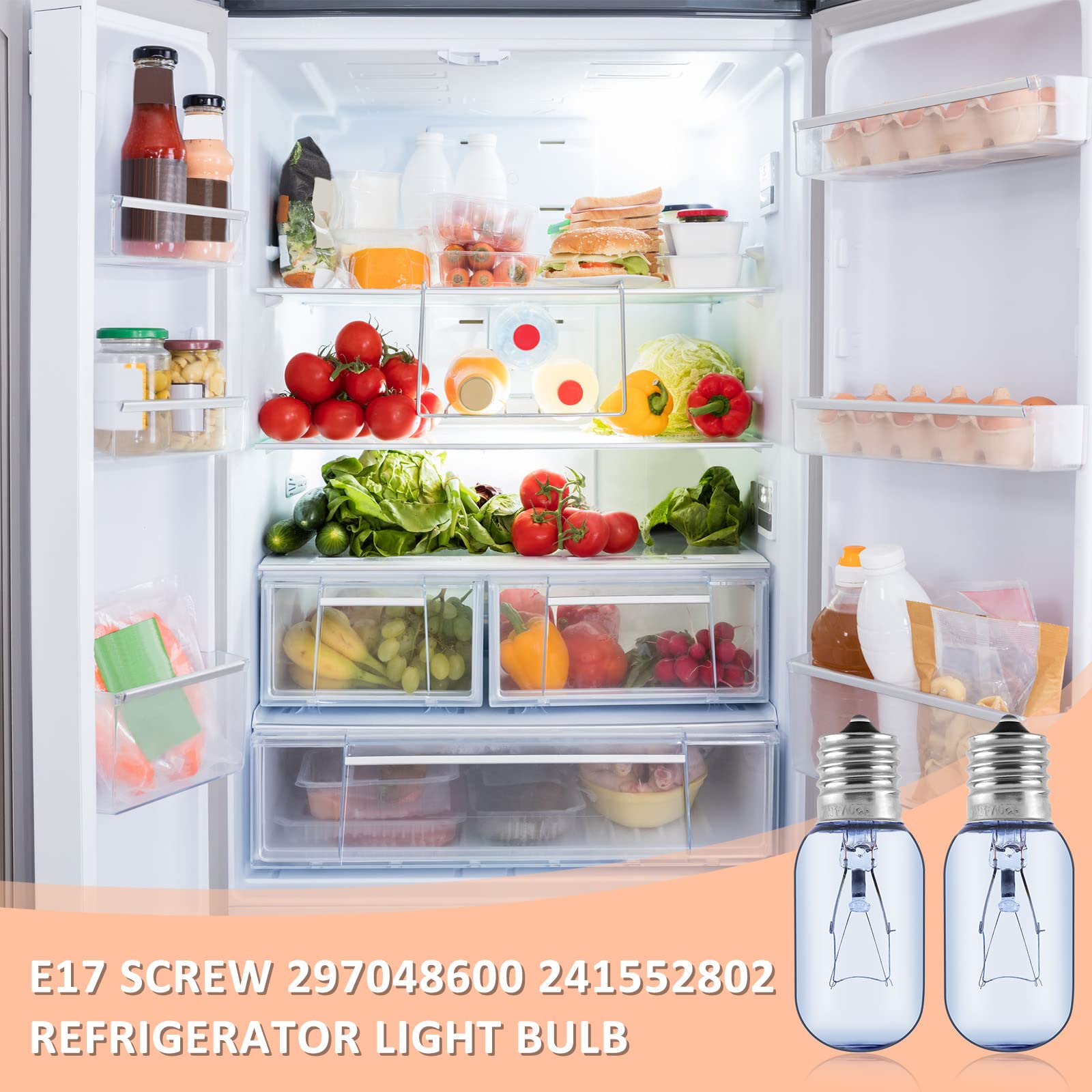 PANDEELS 2 Pack 297048600 241552802 Refrigerator Light Bulb E17 40W Fit for Frigidiare Kemnore Electorlux Fridge Freezer - Replaces 7297048600, 1056577, AP3770086, PS976993, EAP976993,Soft White