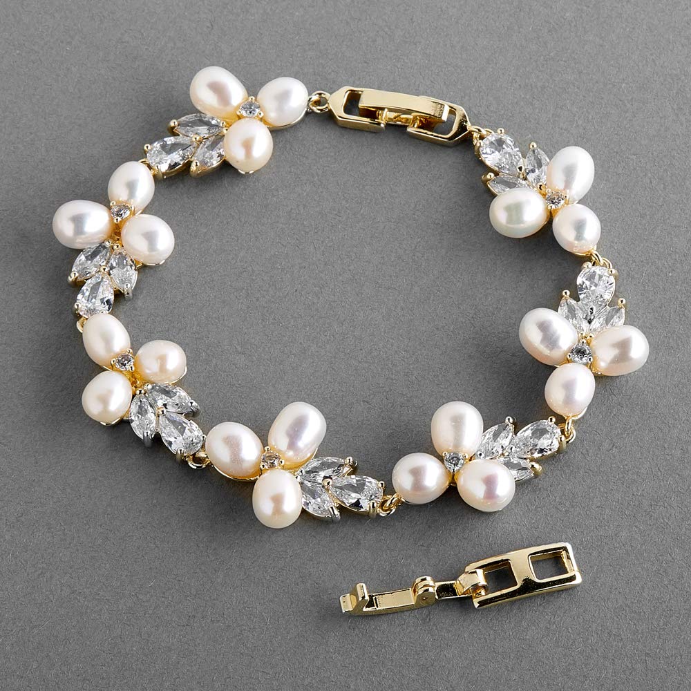 Mariell Freshwater Pearl Gold Bridal Bracelet, 6 5/8" Plus 1/2" Extender, Wedding Jewelry Gift for Women