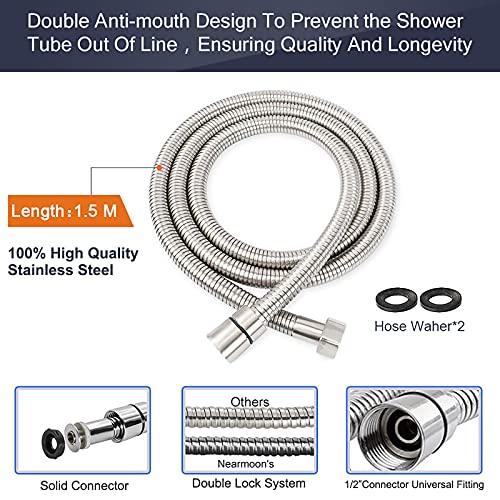 Shower Head with Hose, High-Pressure Stainless Steel 8'' Rain Showerhead and 5 Settings Handheld Shower Spray Combo with Push Button Flow Control for Easy Operation (NearMoon Shower Head Set), Chrome