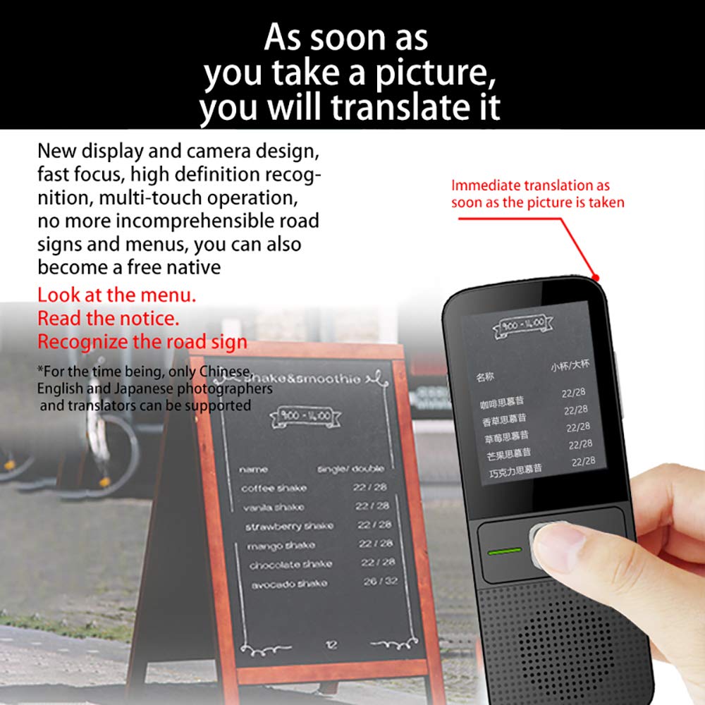 Language Translator Portable Instant Translator Device Support WiFi/Hotspot/Offline Two- Way Real Time Online 137 Languages with 2.4Inch Touch Screen Recording Smart Translator(Black)