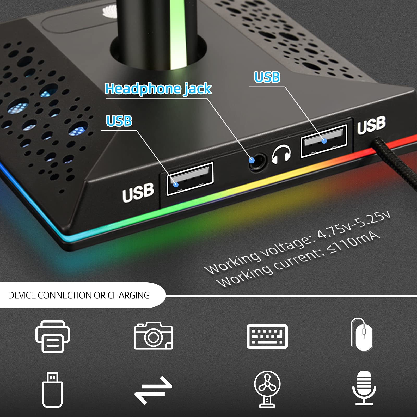 Mignor 2 in 1 RGB Gaming Headphone Stand with 2 USB Charging 3.5MM 9 Modes Touch Control, Dual Headset Holder for DJ Desktop Gamers Earphone Accessories