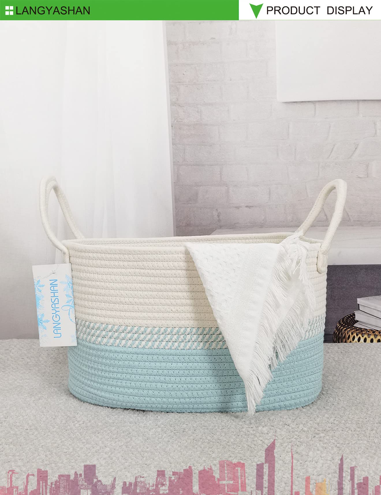 LANGYASHAN Rectangular Woven Rope Basket Decorative Blanket Basket for Living Room Storage or Nursery Laundry Hamper Basket with Handles Laundry Basket(Blue)