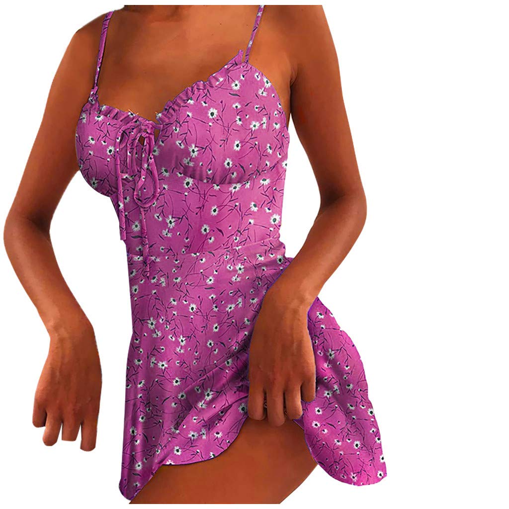 Keepfit Floral Print Sling Dress for Womens Sexy Ruffle Lace Ups Summer Dress Back Zipper Patchwork Beach Dress
