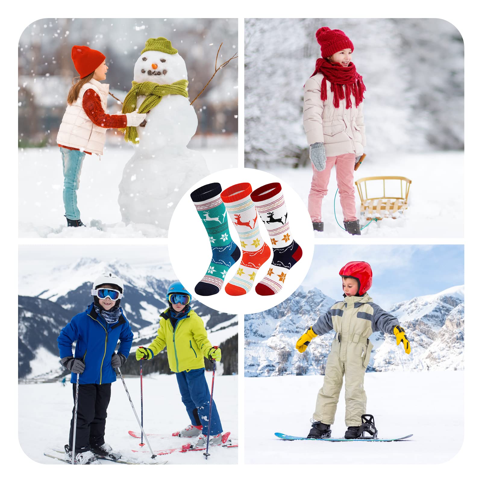 Kids Winter Ski Socks, Warm Socks for Boys Girls Skiing Snowboarding Ages 5-8 Years (S, Orange+Blue+Red)