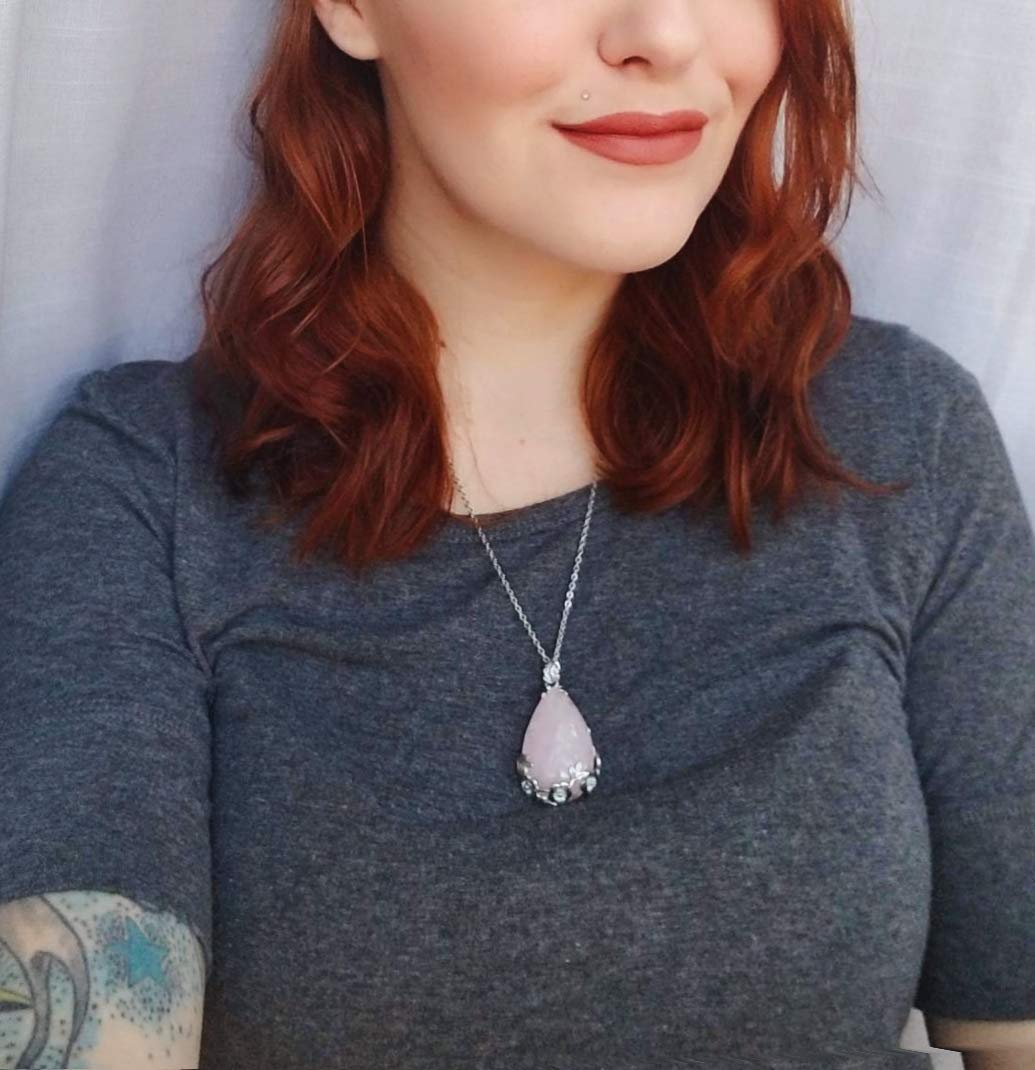 KISSPAT Natural Teardrop Rose Quartz Pendant Necklace on 20" Stainless Steel Chain
