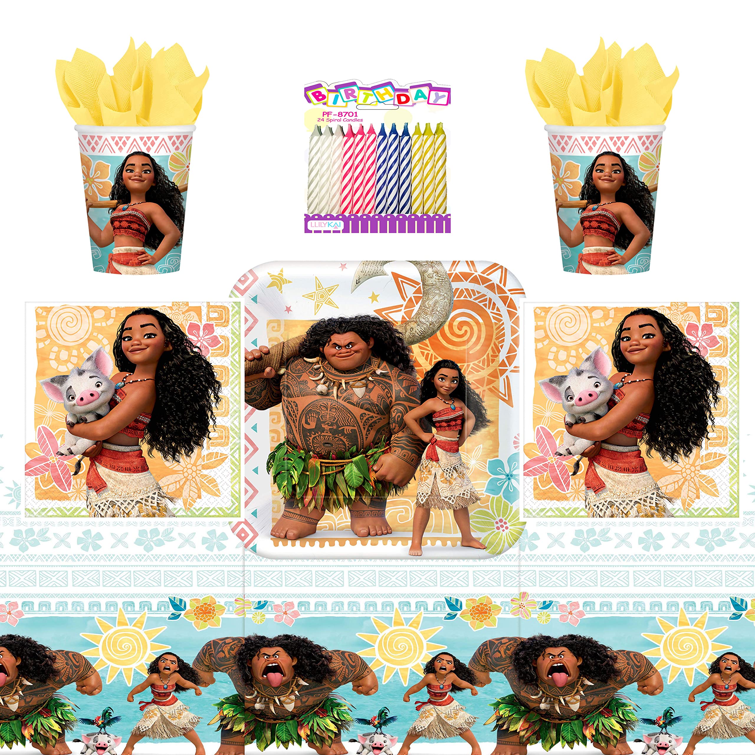 Moana Party Supplies Pack Serves 16: Maui -7 " Dessert Plates Beverage Napkins Cups and Table Covers with Birthday Candles (Bundle for 16)