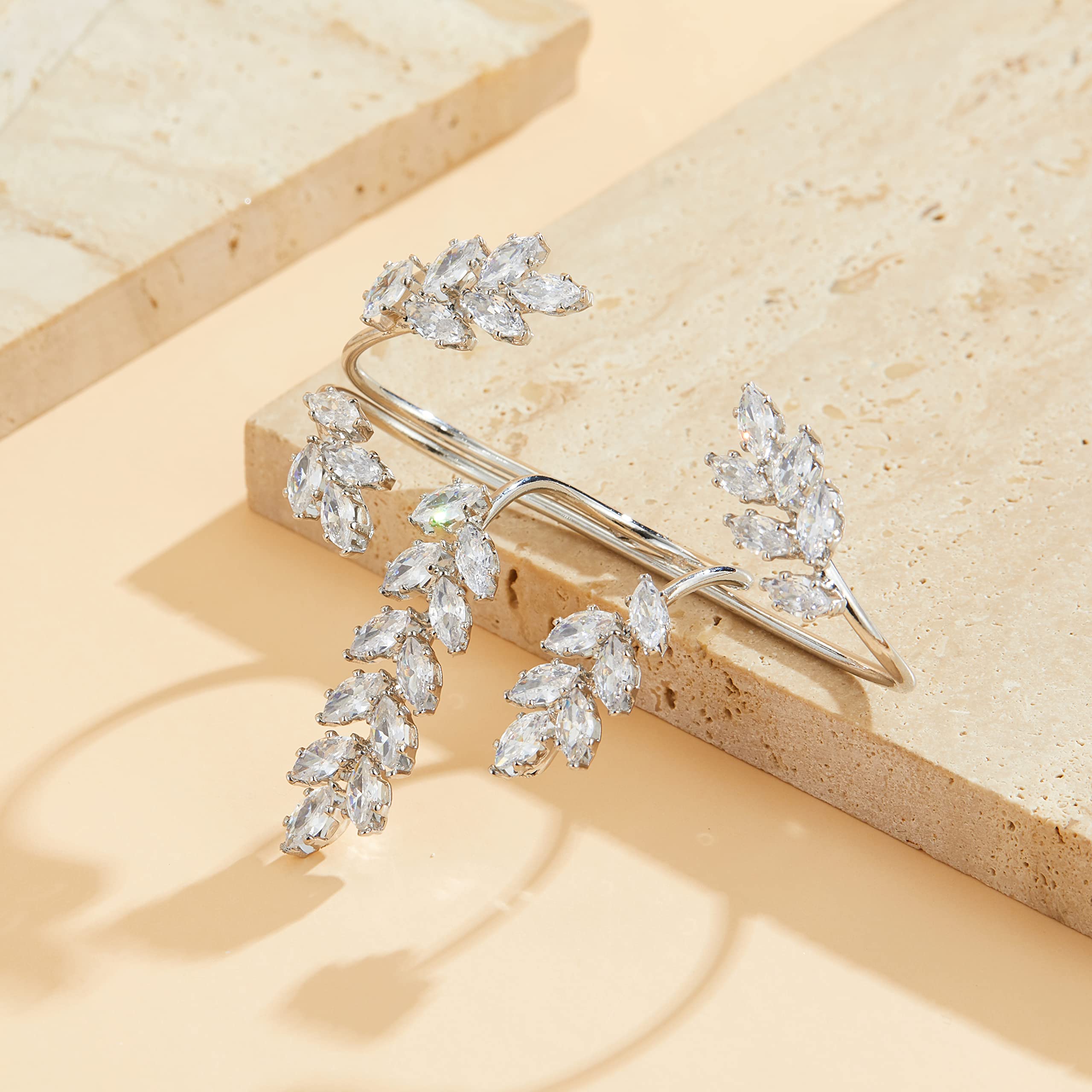 Mytys Fashion Triple Finger Ring for Women Silver CZ Cubic Zirconia Ring Three Finger Open Ring Leaf Design Jewelry Gift Adjustable Size (Silver)