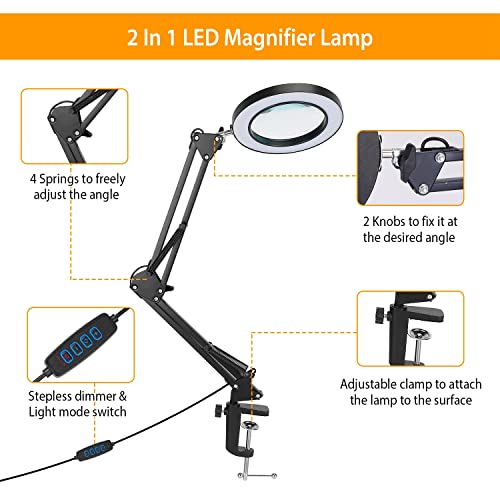 Magnifying Glass With Light And Stand, Moclever 8x Magnifying Lamp, 2-In-1 Desk Lamp & Clamp,Craft Lamp With 10 Brightness 3 Modes, Led Lighted Magnifier With Light For Close Work Reading Repair Craft