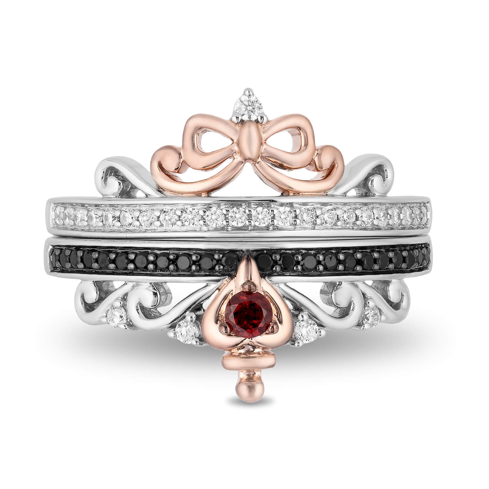 Jewelili Enchanted Disney Fine Jewelry Sterling Silver and 10K Rose Gold 1/4 Cttw Diamond and Round Ruby Snow White and Evil Queen Duo Ring Size 7