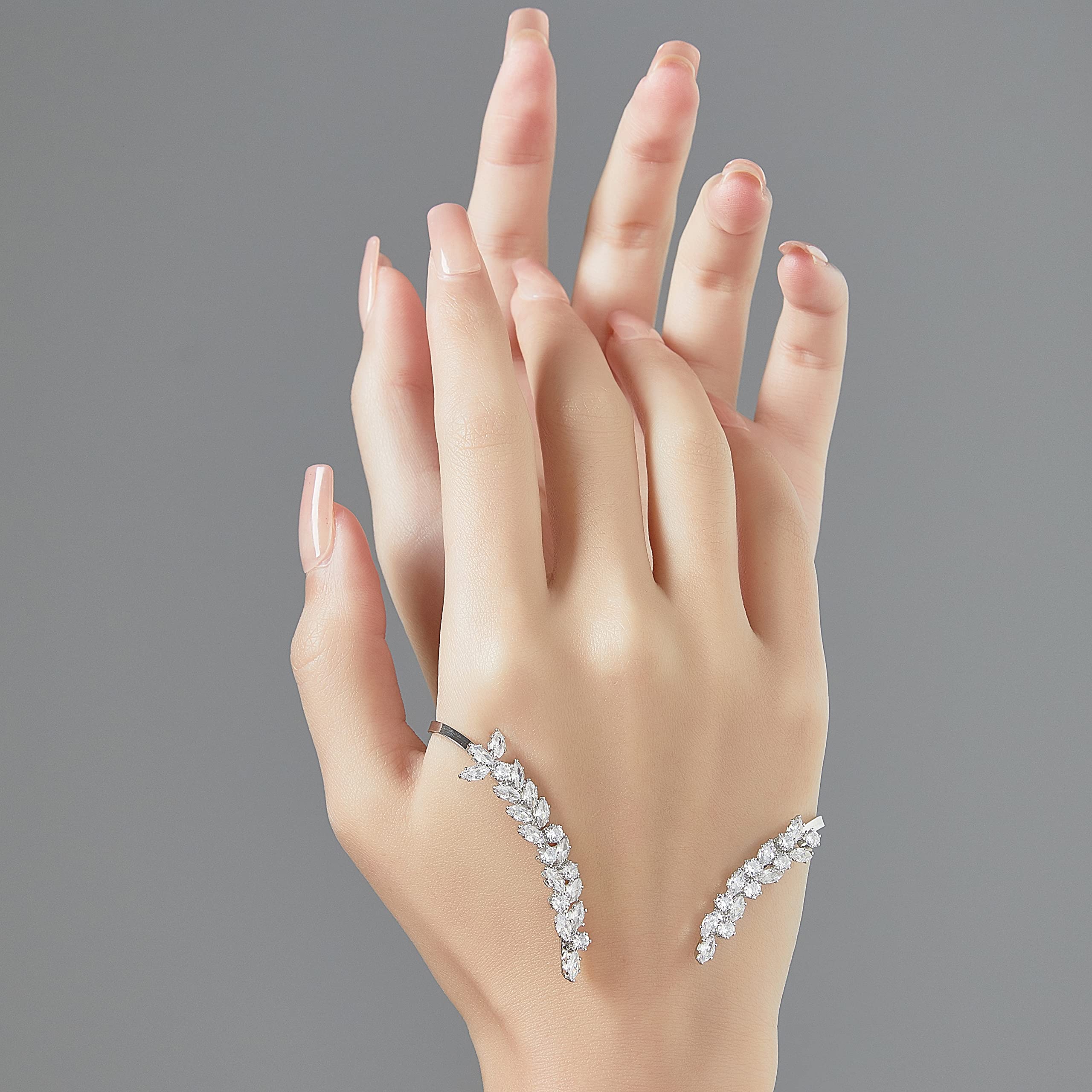 Mytys Silver Adjustable Palm Rings for Women-Cubic Zirconia Open Hand Palm Bracelet Ring-Full CZ Multiple Finger Ring (Hope Leaf Silver)
