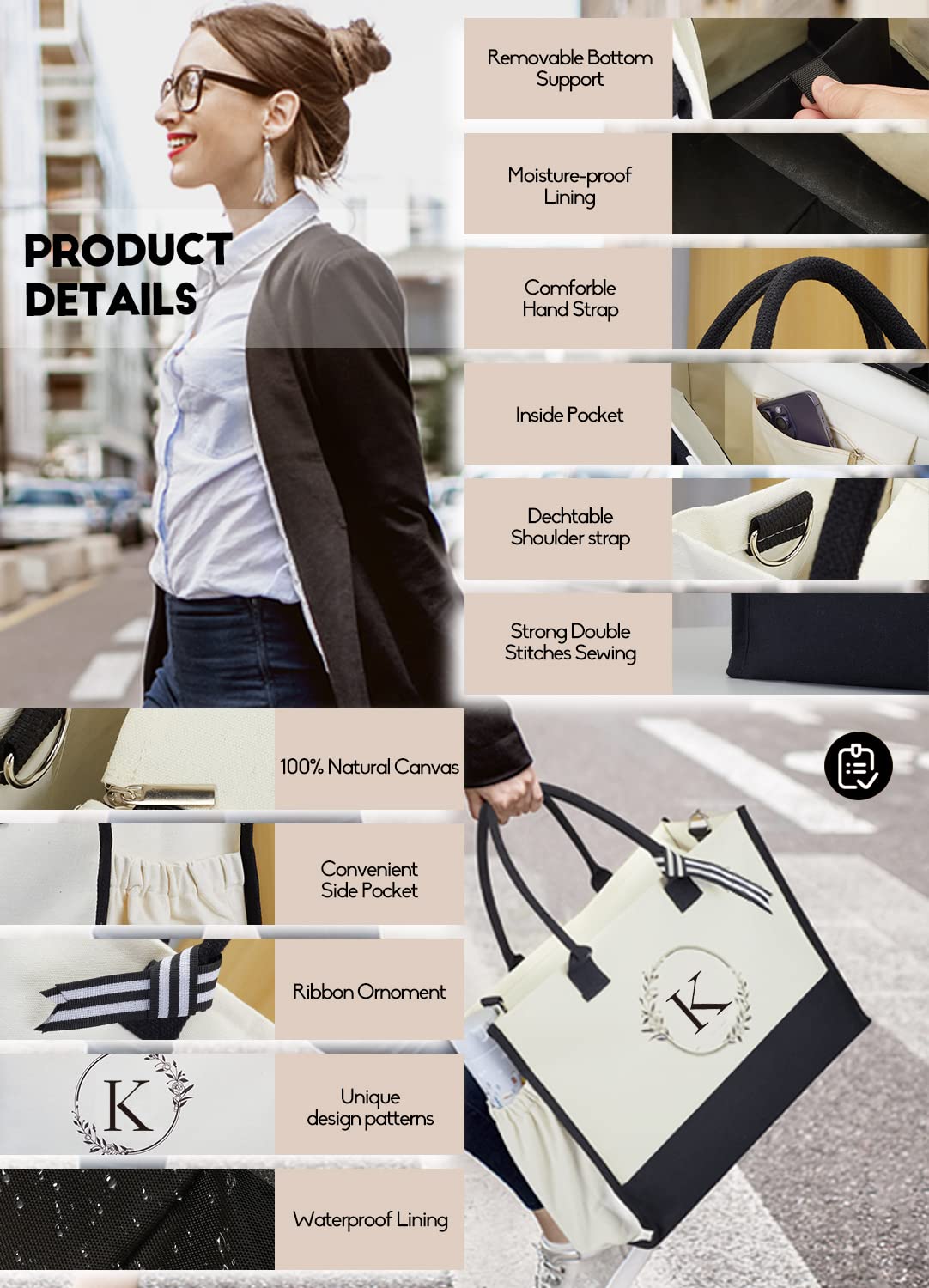 Initial Canvas Beach Tote Bag - Personalized Monogram Tote Zipper Side Pocket Letter Bag Adjustable Strap Initial Purses Birthday Bridesmaid Gifts for Women