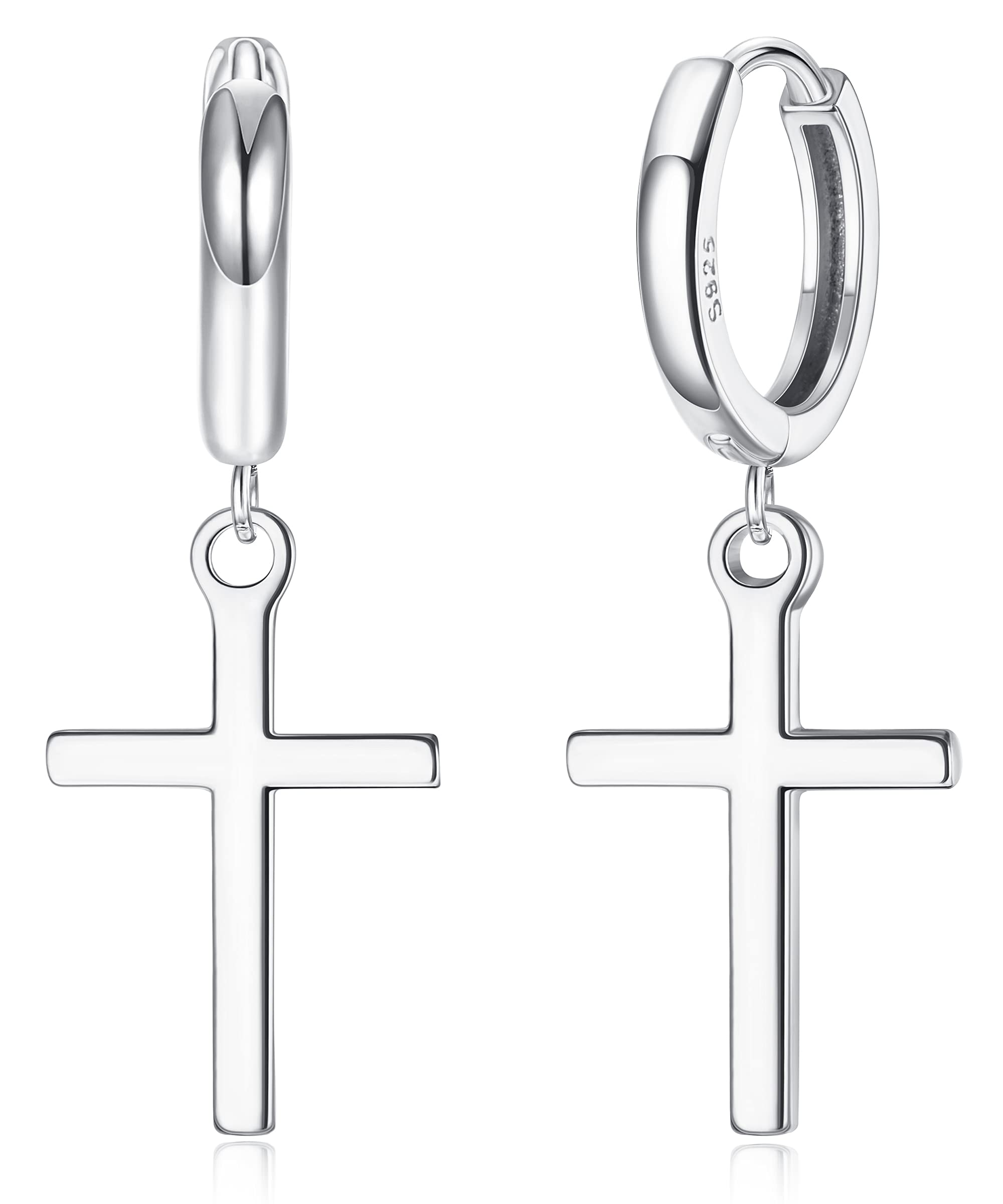 Milacolato S925 Sterling Silver Cross Hoop Earrings 18K White Gold Plated Minimalist Dangle Cross Huggie Cuff Earrings Hypoallergenic Lightweight Trendy Cross Hoop Earrings for Men Women