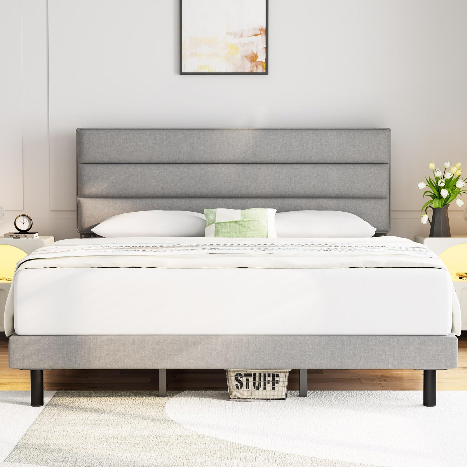 IYEE NATURE King Size Bed Frame with Headboard,Sturdy Platform Bed with Wooden Slats Support,No Box Spring,Mattress Foundation,Easy Assembly,Black
