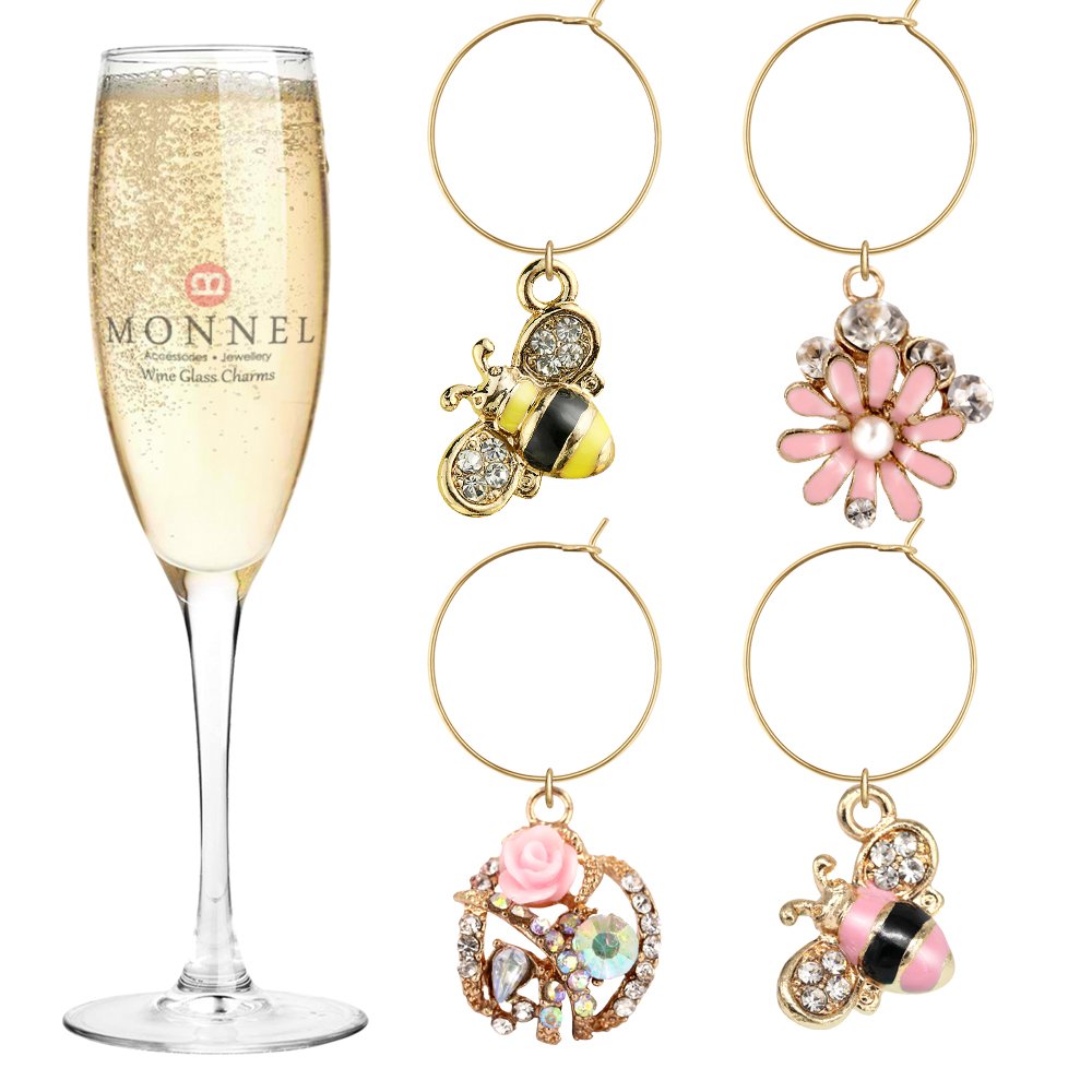 P417 Crystal Little Bee Flowers Wine Charms Glass Marker for Party with Velvet Bag( Pink and Yellow , Set of 4 )