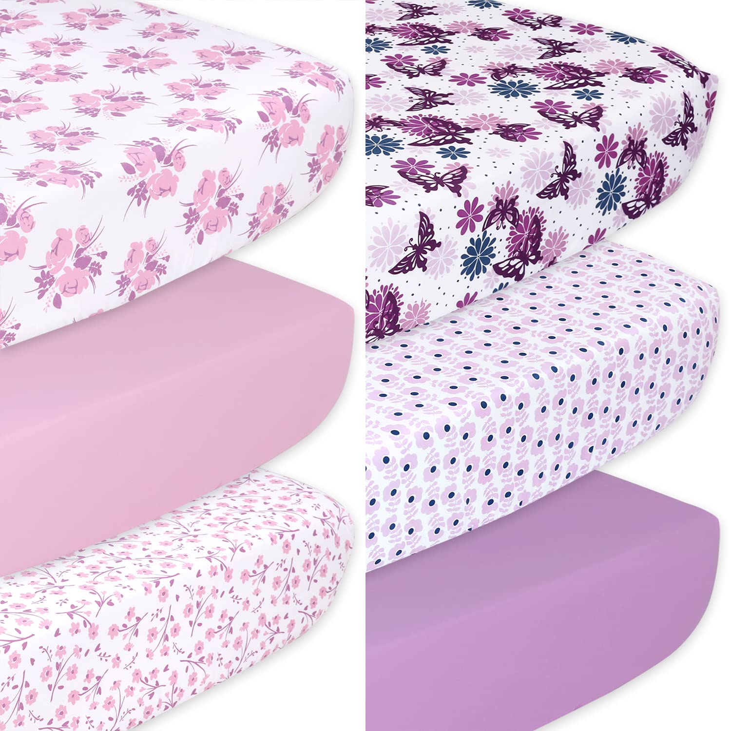 The Peanutshell Purple Floral and Butterfly Fitted Crib Sheets for Girls | 6 Pack