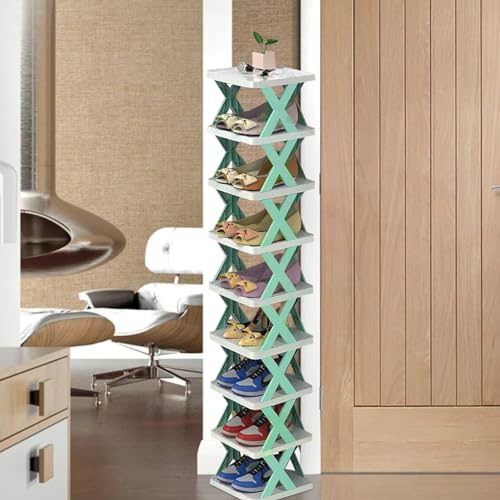 Joyivike 9 Tier Folding Shoe Rack, Green, Plastic, Compact, Space Saving, Adjustable, Stackable, Foldable, Easy to Install, Can Store Shoes, Books, Magazines, Toys