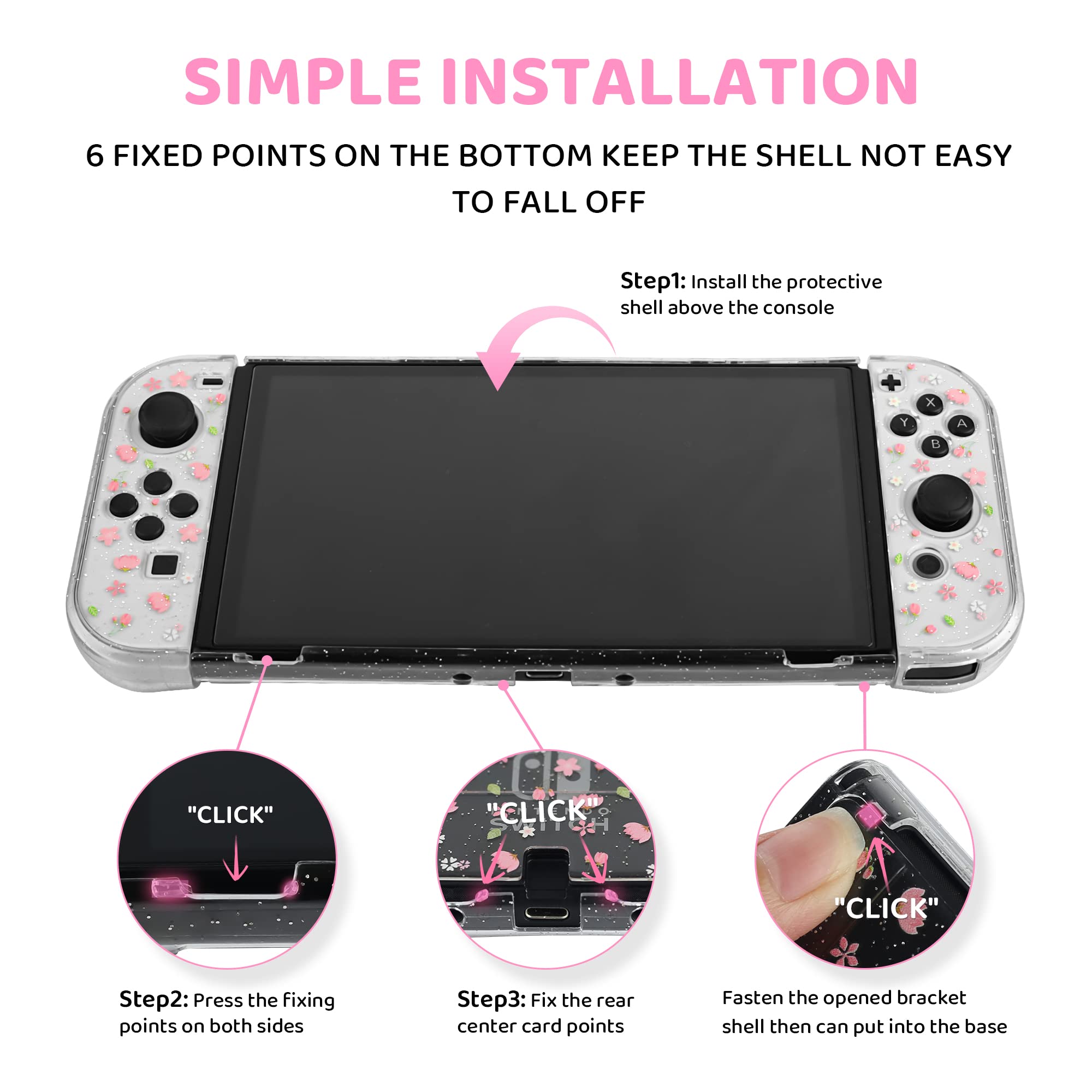 LASTYAL Glitter Sakura Case Compatible with Nintendo Switch OLED, Clear Protective Shell with Cherry Blossoms for Switch OLED and Joycon Controller with Screen Protector and 4 Thumb Caps Grip