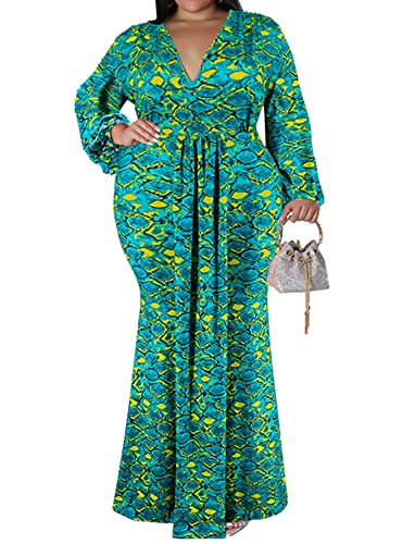 IyMoo Women's Sexy Plus Size Bodycon V Neck Latern Sleeve Ruched Wrap V Neck Cocktail Evening Mixi Dresses 038 Green 5XL