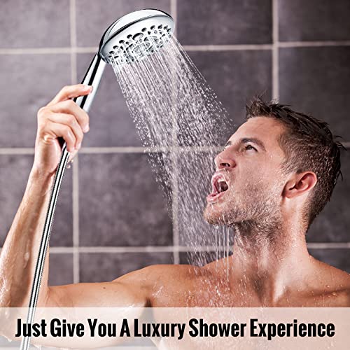 Shower Head, SR SUN RISE 6-Settings 5" High Pressure Handheld Shower Head Set with 2.45 Meter/96 Inch/ 8 FT Long Shower Hose and Shower Arm Mount with Brass Ball Joint,Chrome