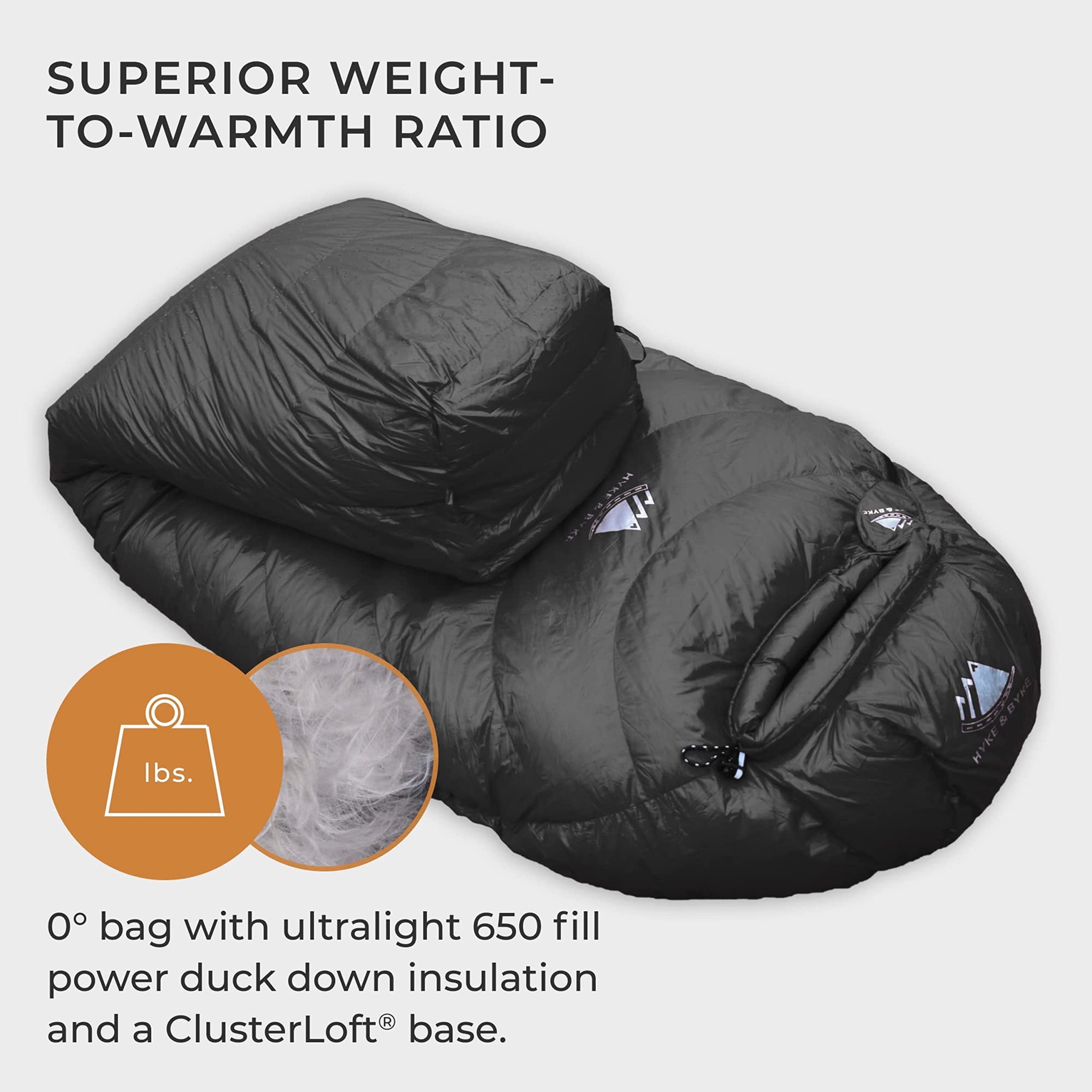 Hyke & Byke Snowmass 0°F Cold Weather Mummy Hiking & Backpacking Sleeping Bag - Duck Down 650 FP 4 Season Sleeping Bags for Adults - Ultralight with Compression Stuff Sack (Black, Long)