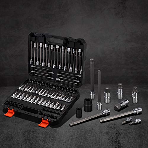 RIMKOLO 107-Piece Allen and Torx Bit Socket Set, 1/4", 3/8" and 1/2" Drive Hex/Ball End Hex/Torx/Extra Long Torx/Tamper Proof Torx SAE & Metric Bit Set
