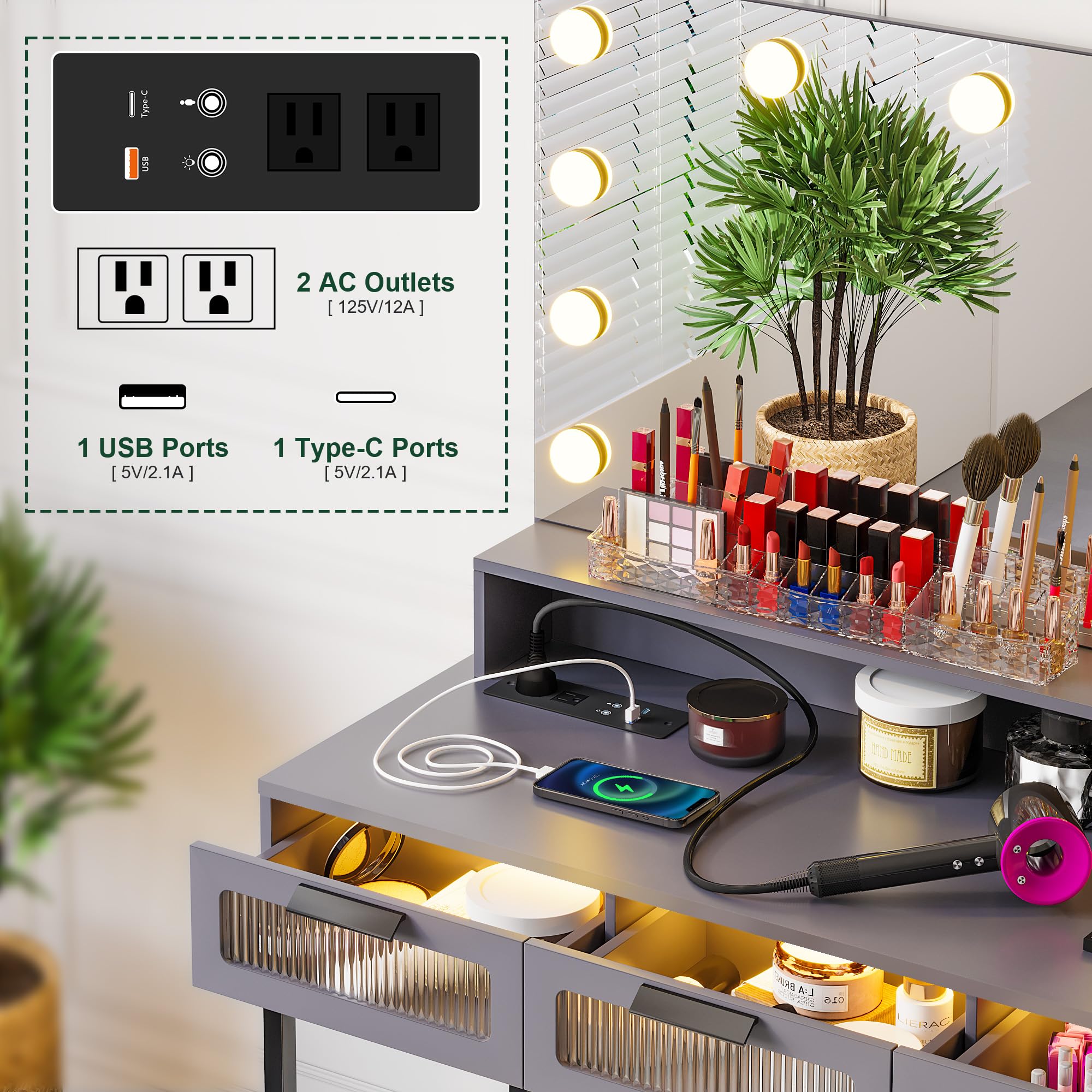 HNEBC Makeup Vanity with Lights, Vanity Makeup Desk with Charging Station,Vanity Table Set with LED Mirror, Vanitys with 6 Drawers/Stool, with Senser Mode Dressing Table, Grey