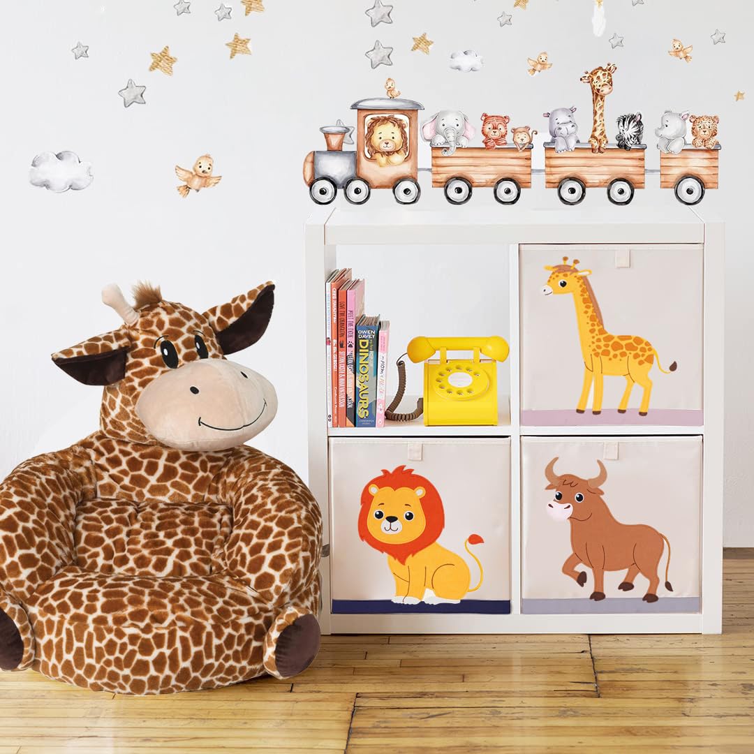 Livememory 13 inch Kids Cube Storage Bins - Foldable Animal Storage Cube for Children Toddler Nursery, 4 Pack (Giraffe, Deer, Bull, Lion)