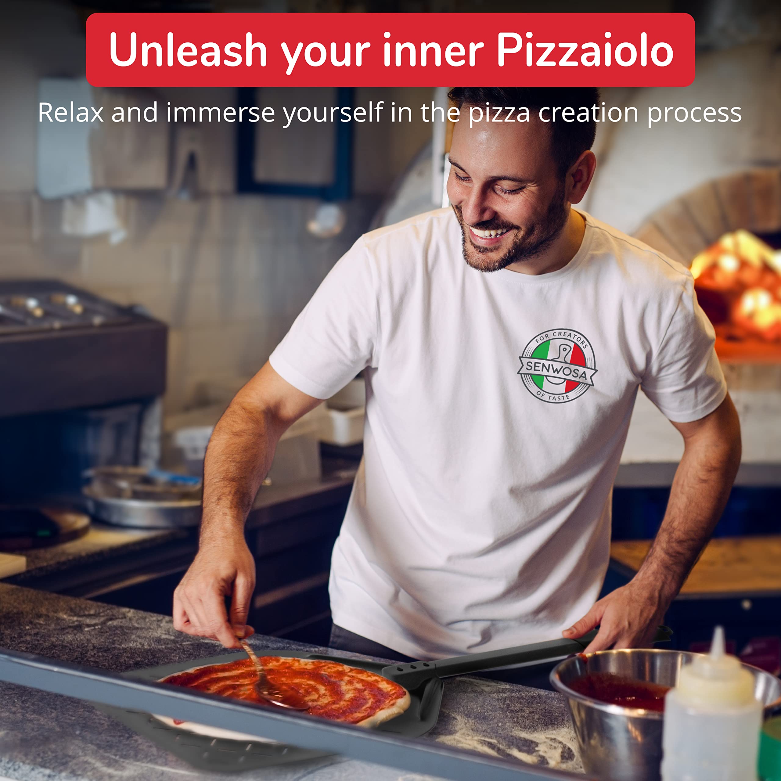 Senwosa 26β Pizza Oven Brush with Stone Scraper - Heat Resistant Stainless Steel Bristles, Extra Long Handle - Compatible with Ooni Ovens - Includes Spare Head