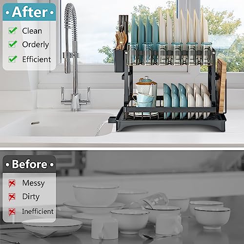 Makayla Dish Drying Rack - Rustproof, 2 Tier High Capacity and Solid Design, Metal Kitchen Counter and Cutting Board Organizer, Drainboard, Knife Cup Utensil Holder, Black
