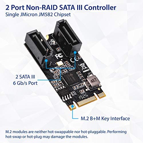 I/O CREST M.2 22x42 to SATA III 2 Ports Adapter Card (Jmicro Chipset), Add Two SATA 3.0 Devices to Any M.2 2242 Slot