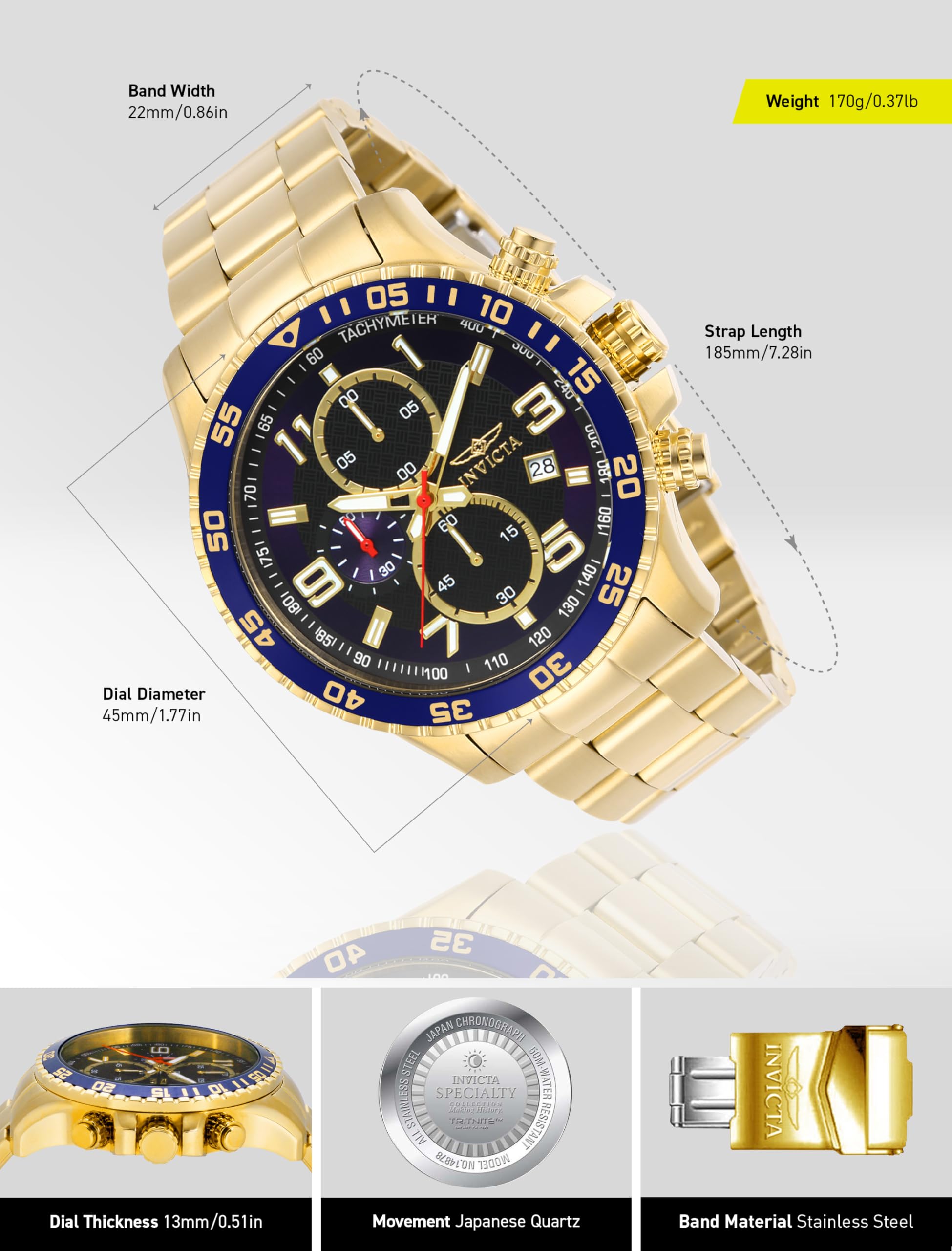 Invicta Men's 14878 Specialty Chronograph Dark Blue Textured Dial Gold Ion-Plated Stainless Steel Watch
