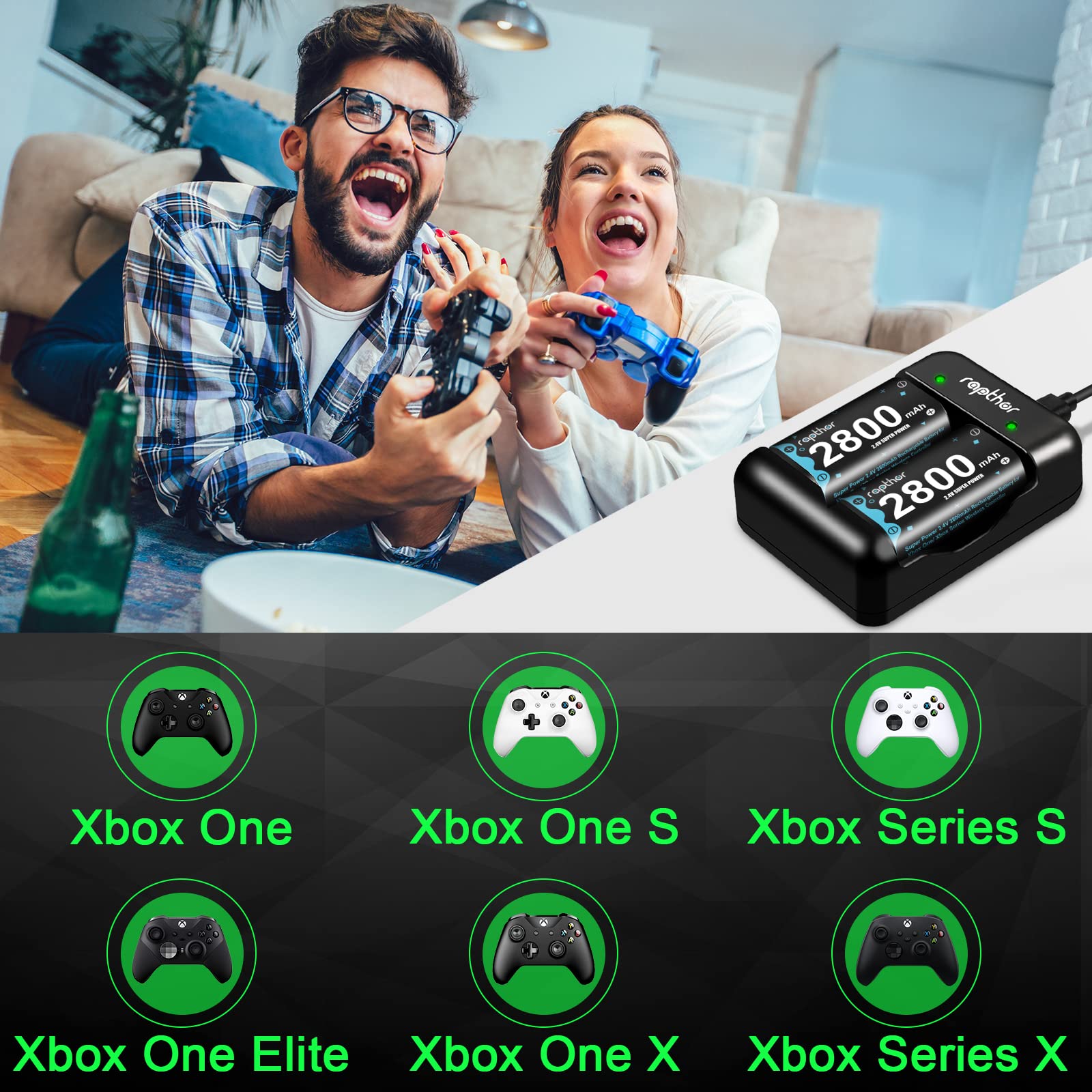 Rapthor 4X 2800mAh Rechargeable Battery Pack for Xbox One/Series Controller, High Power Battery Pack with Fast Charger for Xbox One/Xbox Series X|S/Xbox One S|X|Elite (4 Battery Packs+1 Charger)