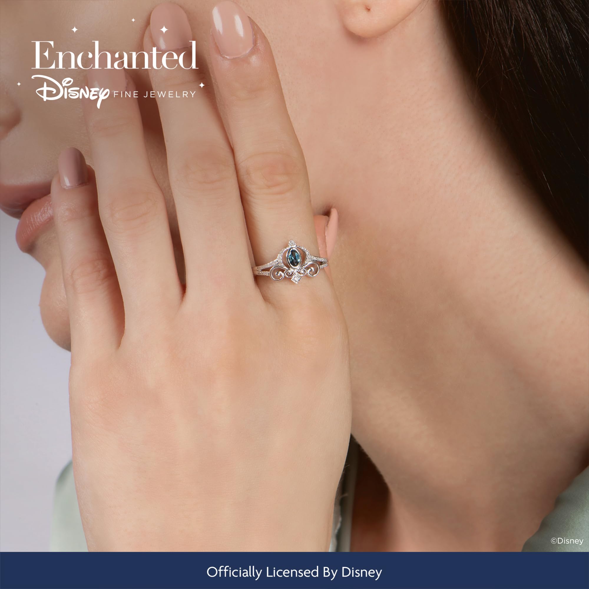 Jewelili Enchanted Disney Fine Jewelry Sterling Silver with 1/10 CTTW Diamonds and London Blue Topaz Cinderella Carriage Ring, size 8