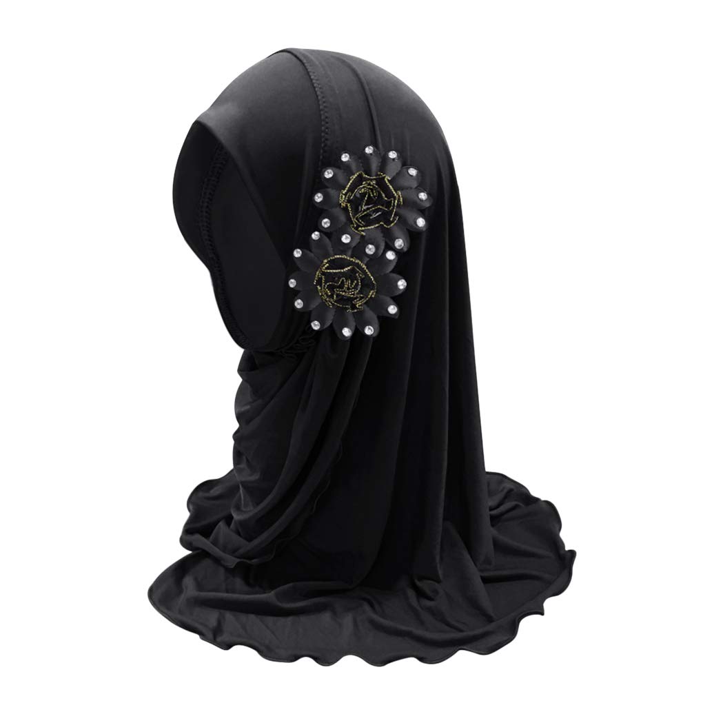 Kids Girls Lovely Muslim Hijab with Flowers Anti-UV Sun Protection Breathable One Piece Islamic Head Scarf Shawls Arabian Turban for 2-6 Years Black