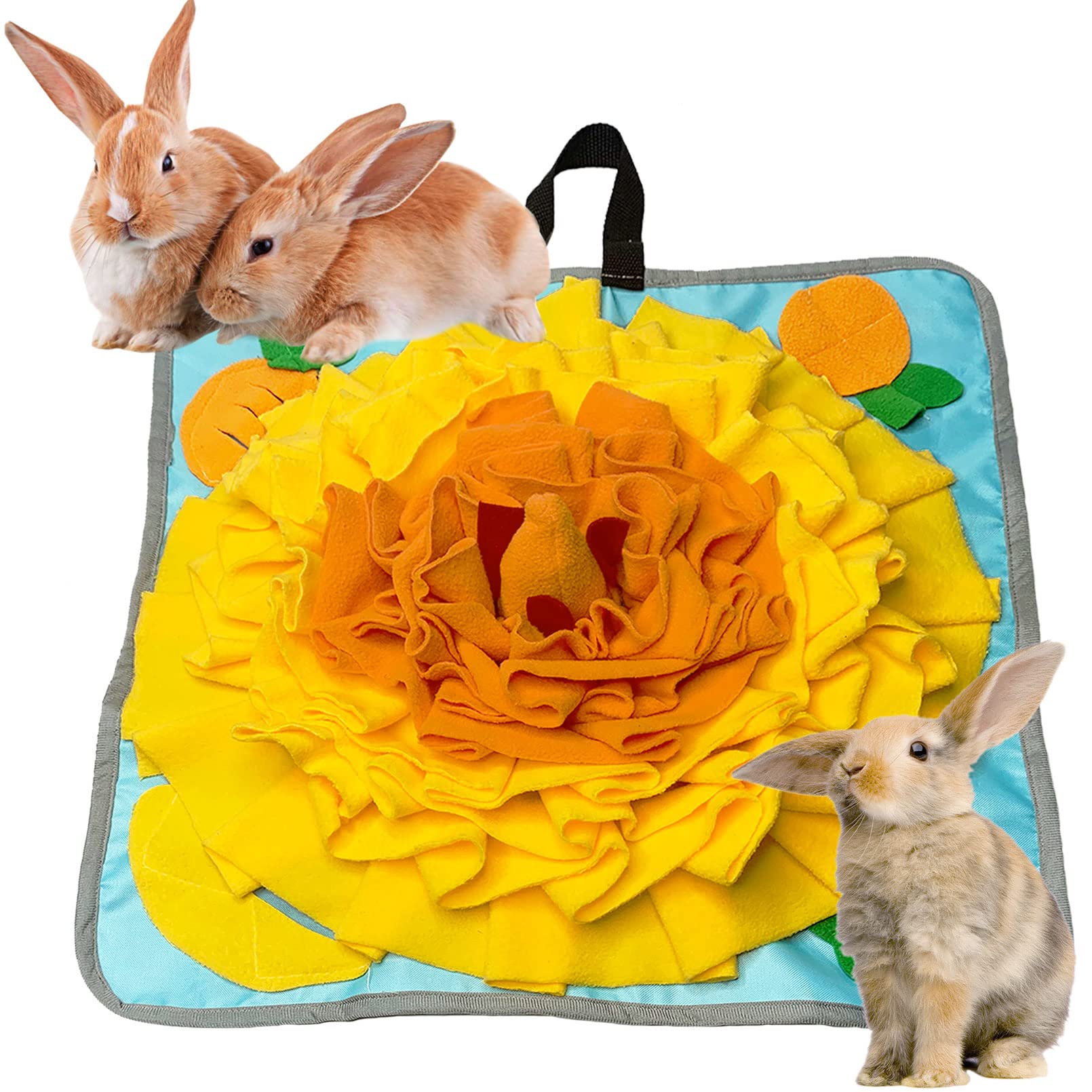 kathson Rabbit Foraging Mat with Fixable Handle 20" × 20" Washable Polar Fleece Pet Snuffle Pad Bunnies Nosework Training Treat Dispenser for Rabbits Bunny Guinea Pigs Chinchillas (Orange)