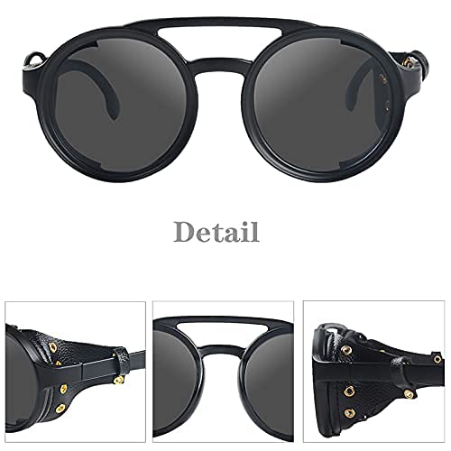 KEITHION Steampunk Style Round Vintage Sunglasses Retro Eyewear For Men Women With Leather Side Glasses (2pack-oneblack+onebrown)