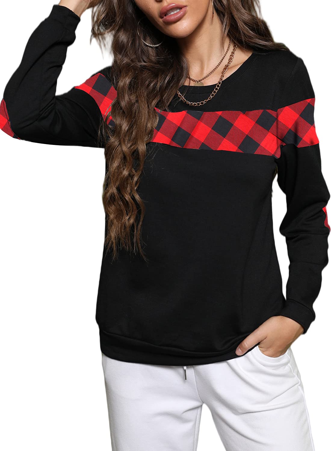 Mokayee Red and Black Buffalo Plaid Shirt for Womens Long Sleeve Color Block Crew Neck Tops Elbow Patch Casual Shirt Pullover Sweatshirt 2XL