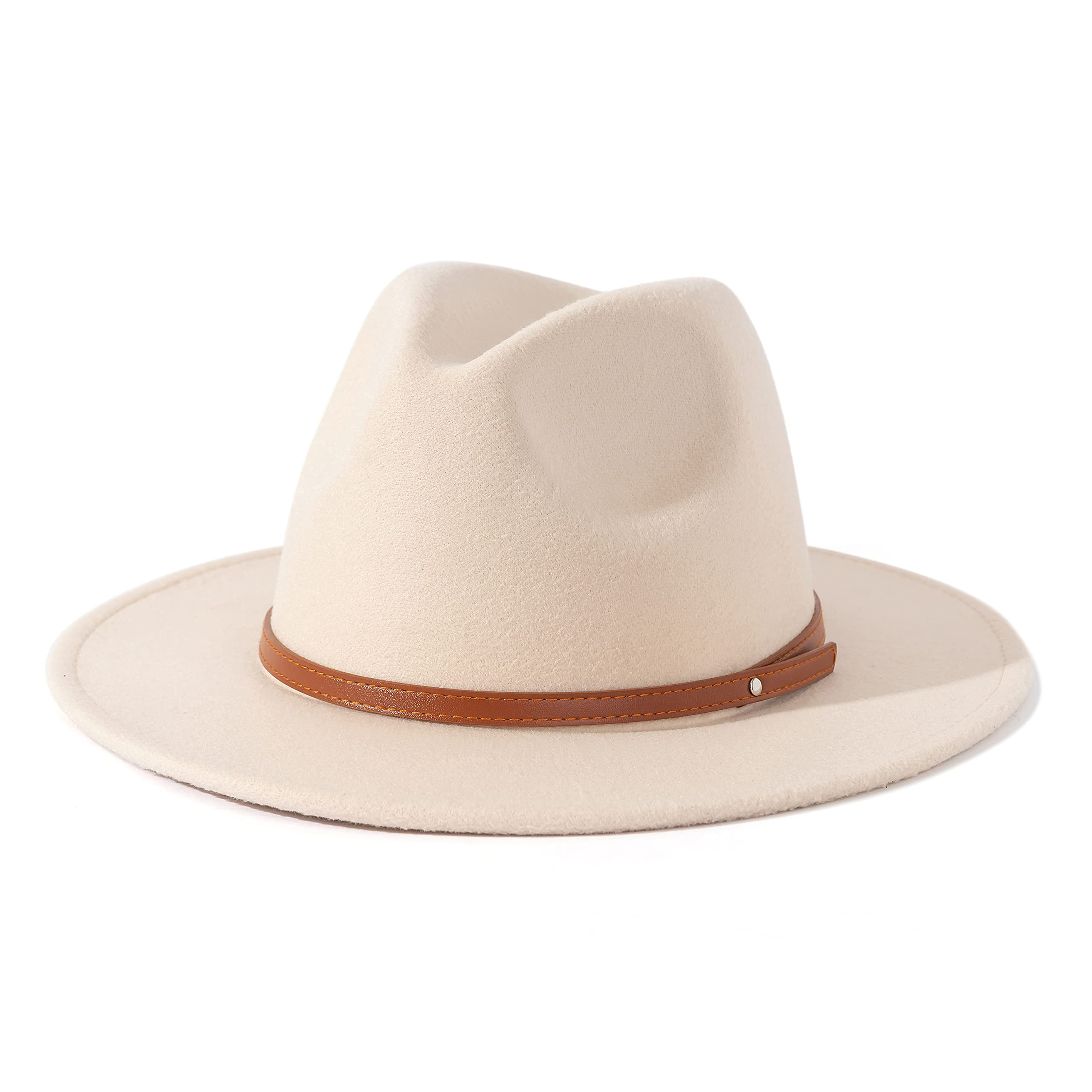 Lisianthus Womens Wide Brim Fedora Hat Felt Jazz Cap with Belt Buckle Decor Brown Belt-Creamy M