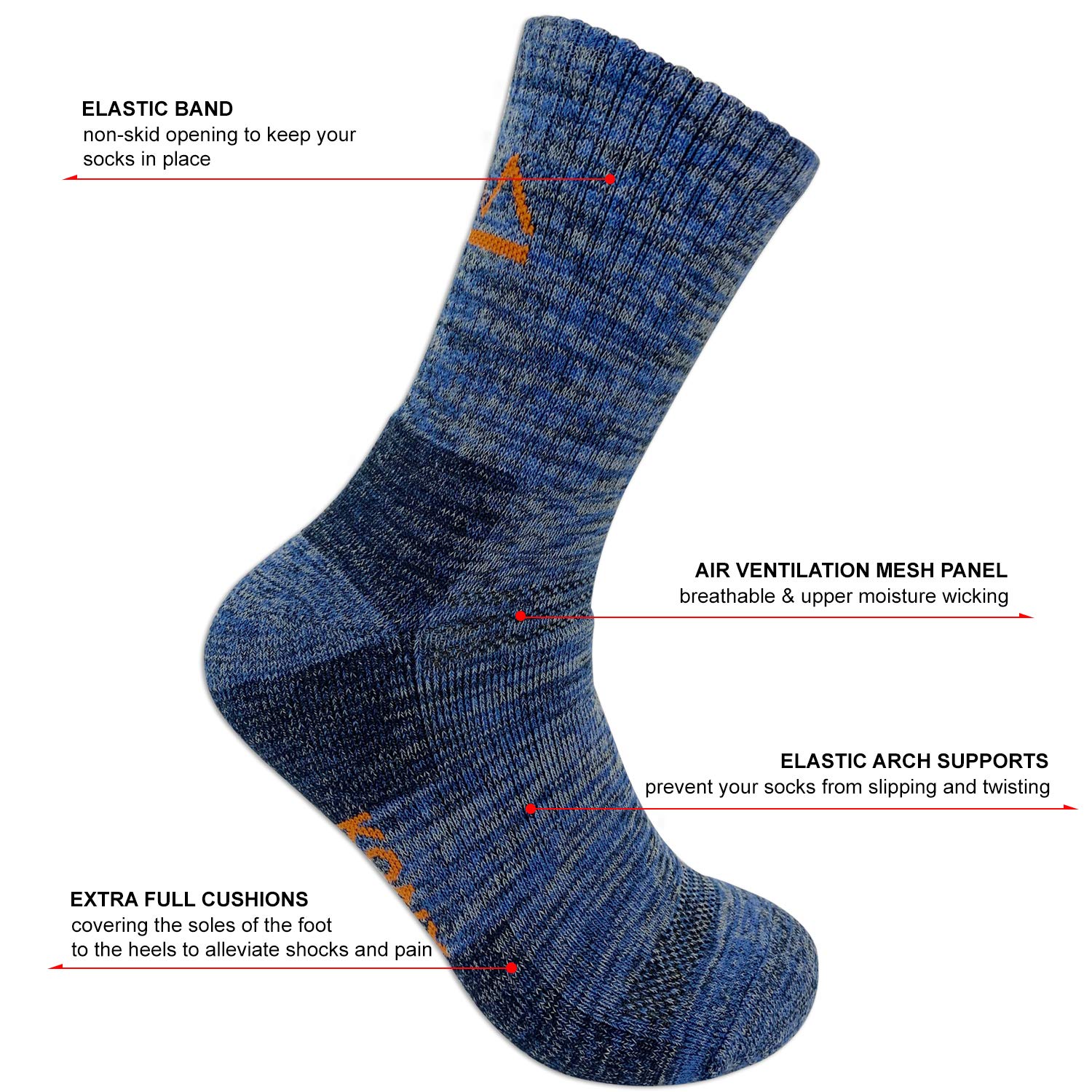 KONY Men's Cotton Hiking Socks, 5 Pairs Moisture Wicking Thick Cushioned Walking Mid Crew Socks, Size 12-14(Mix-1, Large)