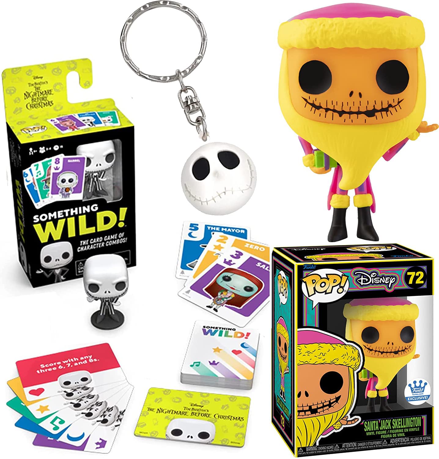 King NBX Exclusive Nightmare Before Christmas Jack Figure Character Bundled with Halloweentown Black Light Santa Skellington + Something Wild Card Game + 3D Icon Hanger Master of Fright 3 Items