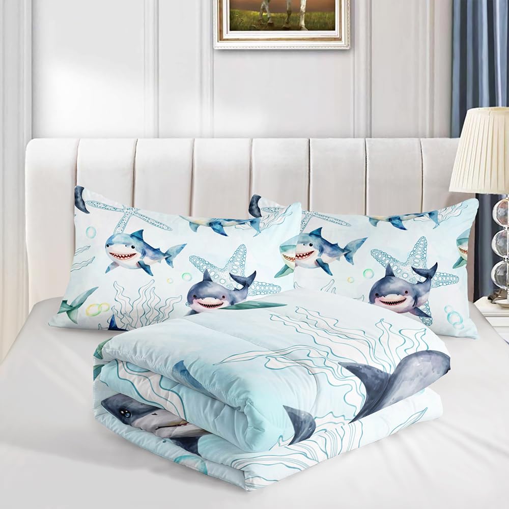 XYNHML Boys Blue Ocean Shark Comforter Set Twin Size Shark Starfish Bedding Sets Seaweed Quilt Bed Set for Kid Girls with 1 Comforter and 2 Pillowcases