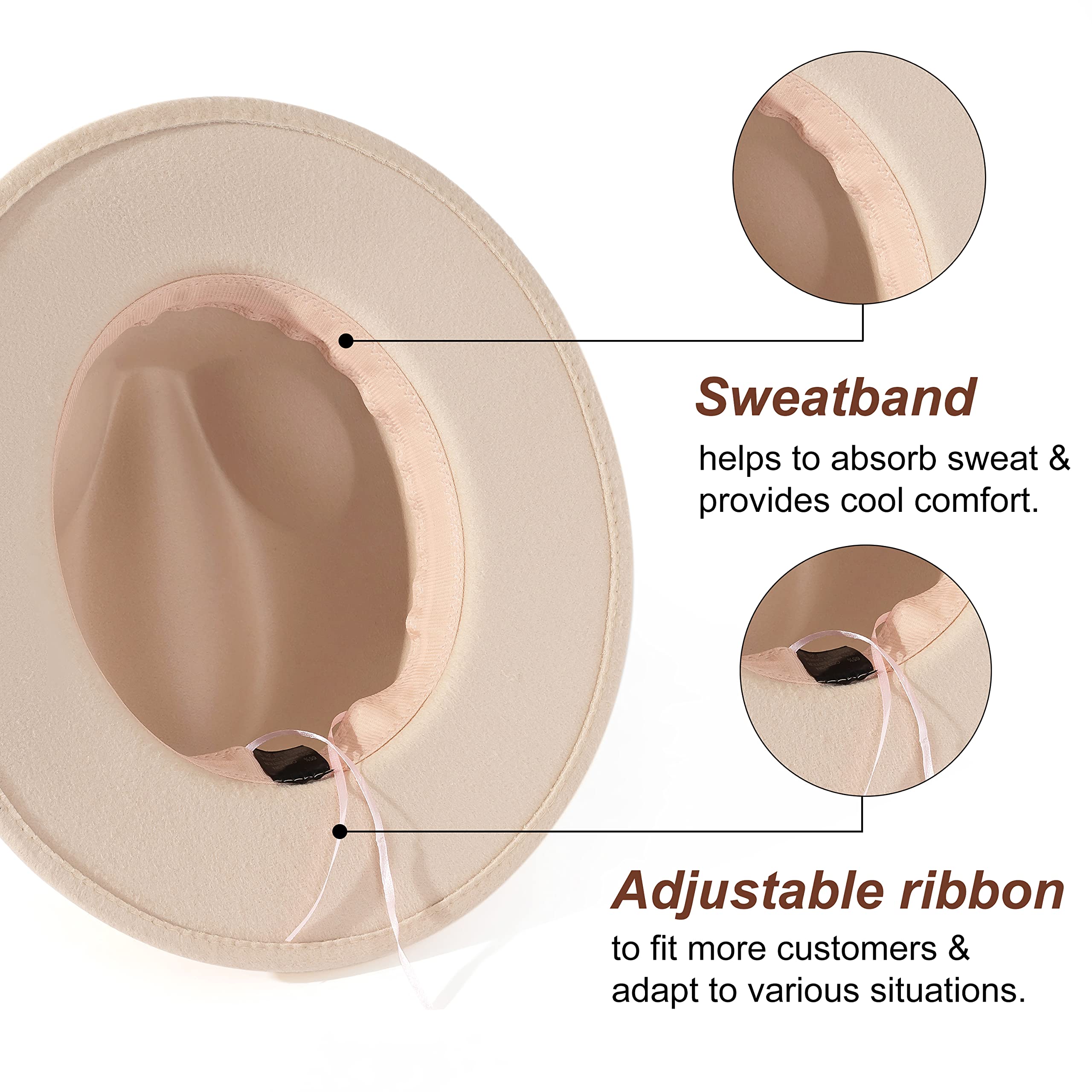 Lisianthus Women's Wide Brim Felt Fedora Retro Panama Hat with Belt Buckle (U-Shaped Buckle Creamy, M)