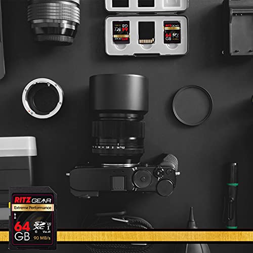Ritz Gear SD Card SDXC UHS-I 64GB Extreme Performance High Speed 90/60 MB/S U3 A1 Class-10 V30 Memory Card for Camera + Memory-Card-Reader-and-Wallet