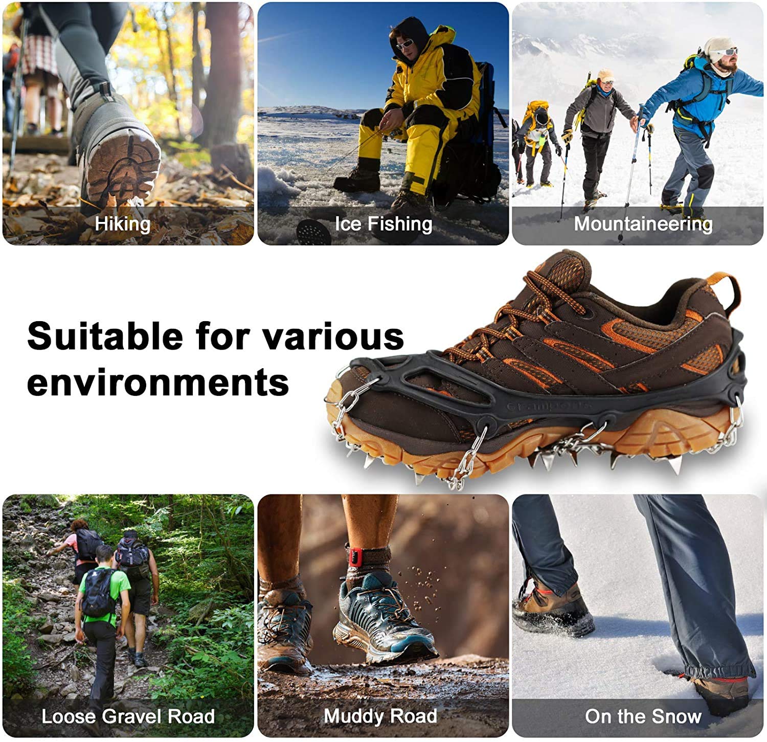 KEEPBLANCE Upgraded 24 Spikes Ice Grips Crampons Traction Cleats Safe Protect for Fishing, Walking, Climbing or Hiking on Snow and Ice - M