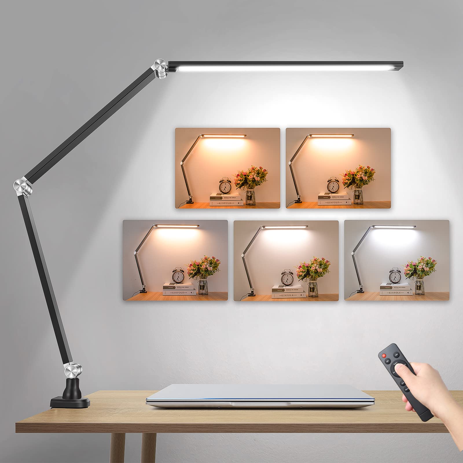LED Desk Lamp with Clamp, Metal Swing Arm Lamp with Remote, 5 Color Modes & Stepless Dimming Architect Lamp, 10W Eye-Care Task Lamp Timer for Office, Work, Home, Reading, Dorm (Black)