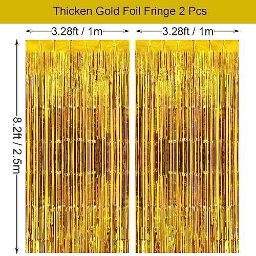 Thicken Gold Foil Fringe Curtains Decorations 3.2x8.2ft - 2 Pack, Photo Backdrop for Birthday Bachelorette Bridal Shower Baby Shower Graduation Party, Party Streams Decor