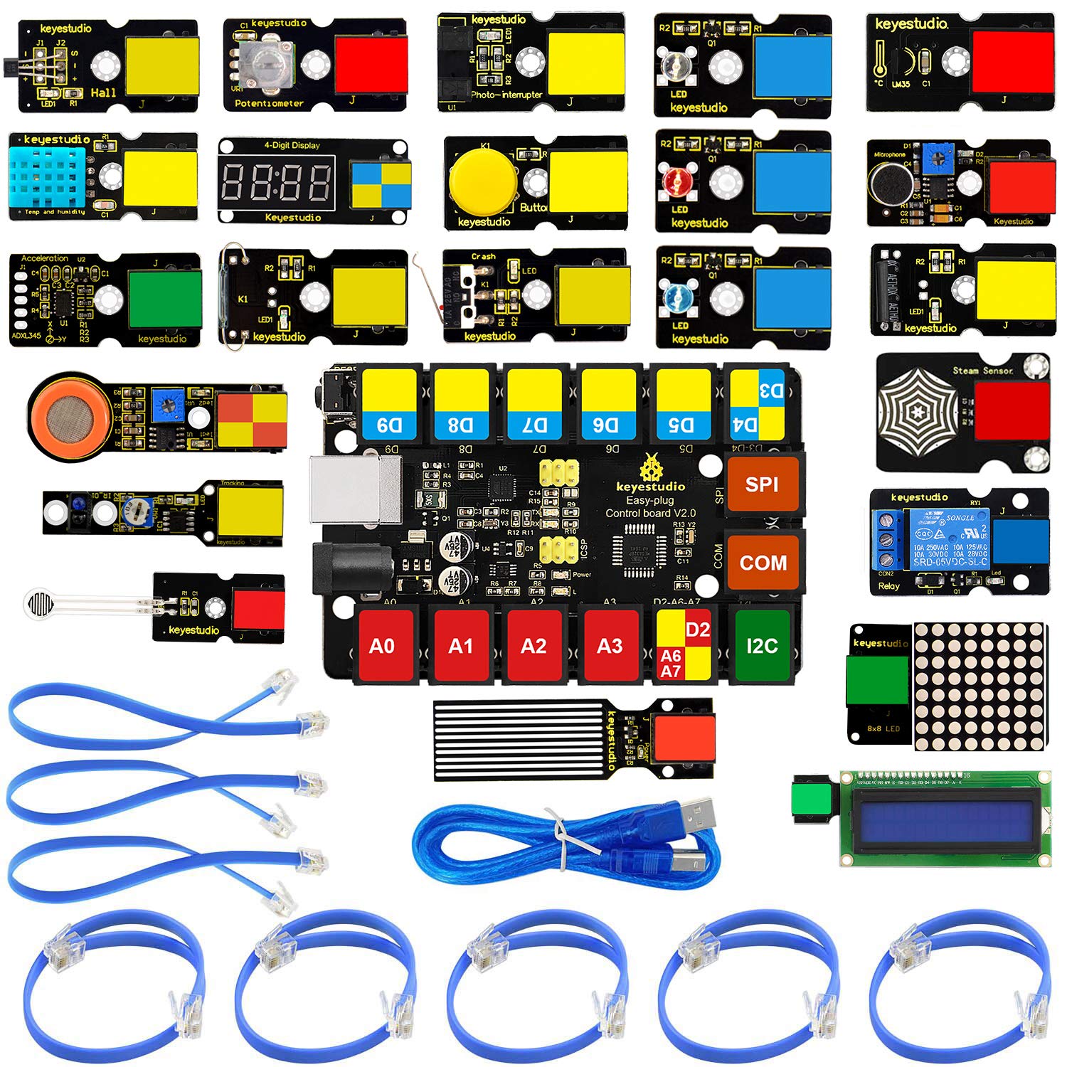 KEYESTUDIO Starter Kit for Arduino with RJ11 Connector, STEM Education Programming Learning Kit for Primary, High School and College Students, Support Arduino and Mixly Graphical Programming