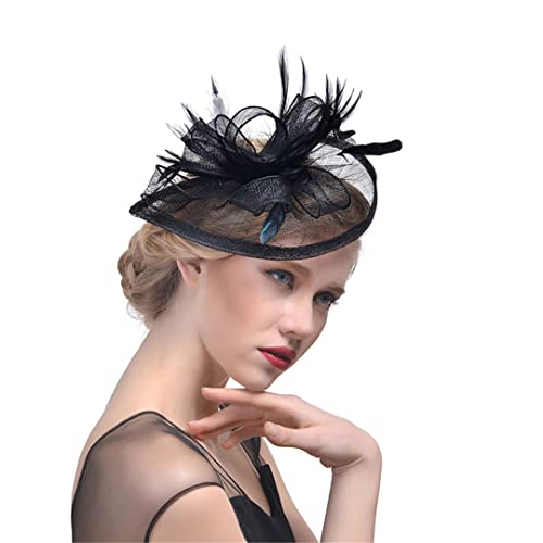 Mesh Hat Women Wedding Cocktail Tea Party Solid Flower Feather Headwear Hair Clip Red