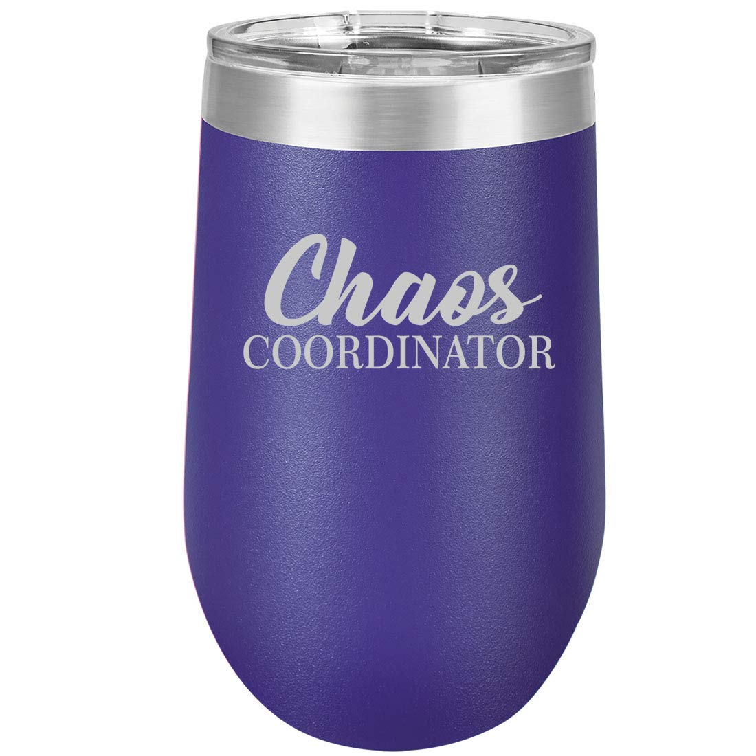 MIP Brand 16 oz Double Wall Vacuum Insulated Stainless Steel Stemless Wine Tumbler Glass Coffee Travel Mug With Lid Chaos Coordinator Mom Mother Teacher (Purple)
